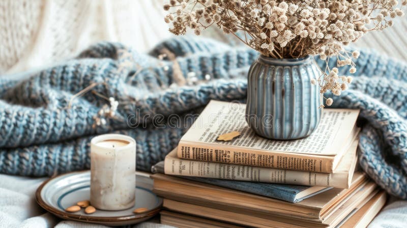 A Modern Interior, with a Stack of Books and a Vase with Dried Flowers ...