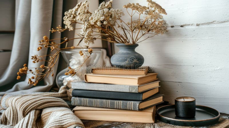 A Modern Interior, with a Stack of Books and a Vase with Dried Flowers ...