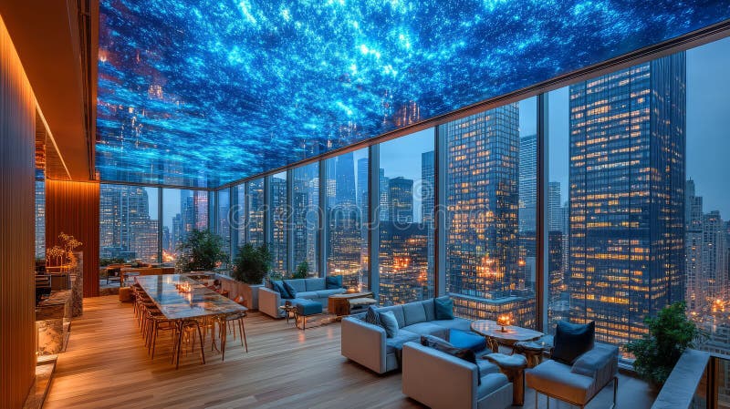 Modern Interior with Stunning Skyline Views and an Artistic Ceiling ...