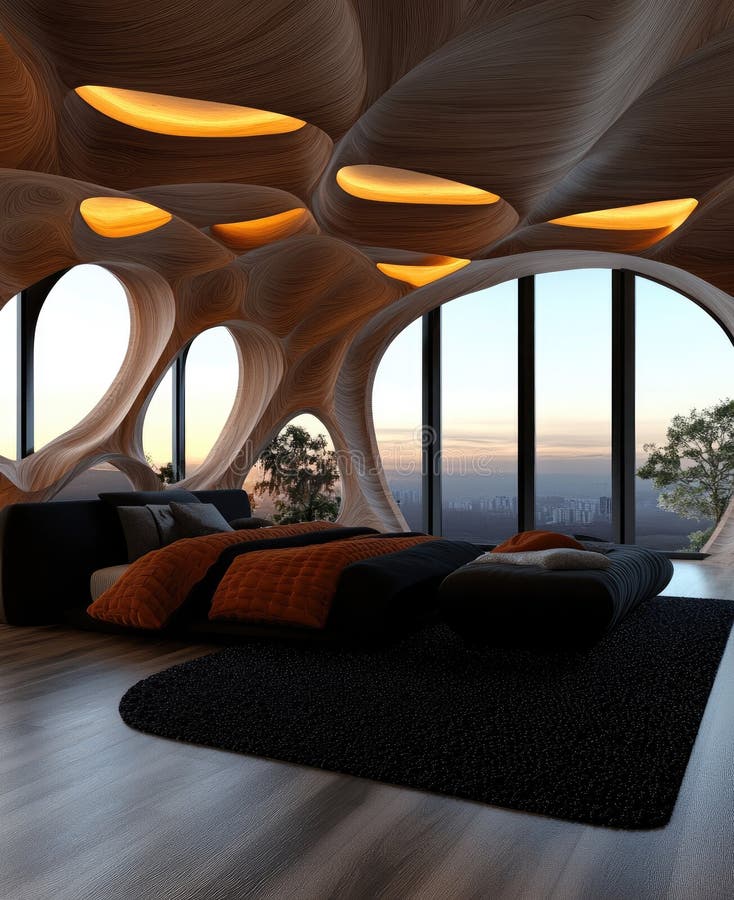 Modern Interior: Sustainable Space, Fluid Structure, Panoramic Scenery, Tranquil Atmosphere ...