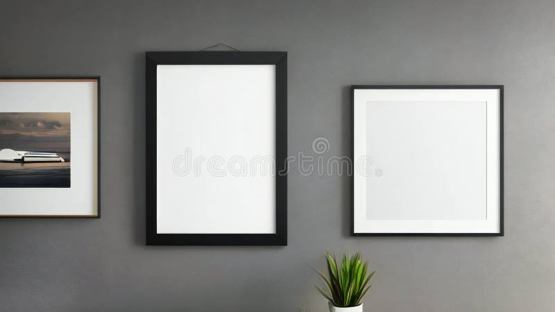 Modern Interior with Three Picture Frames on a Gray Wall, One Black and ...