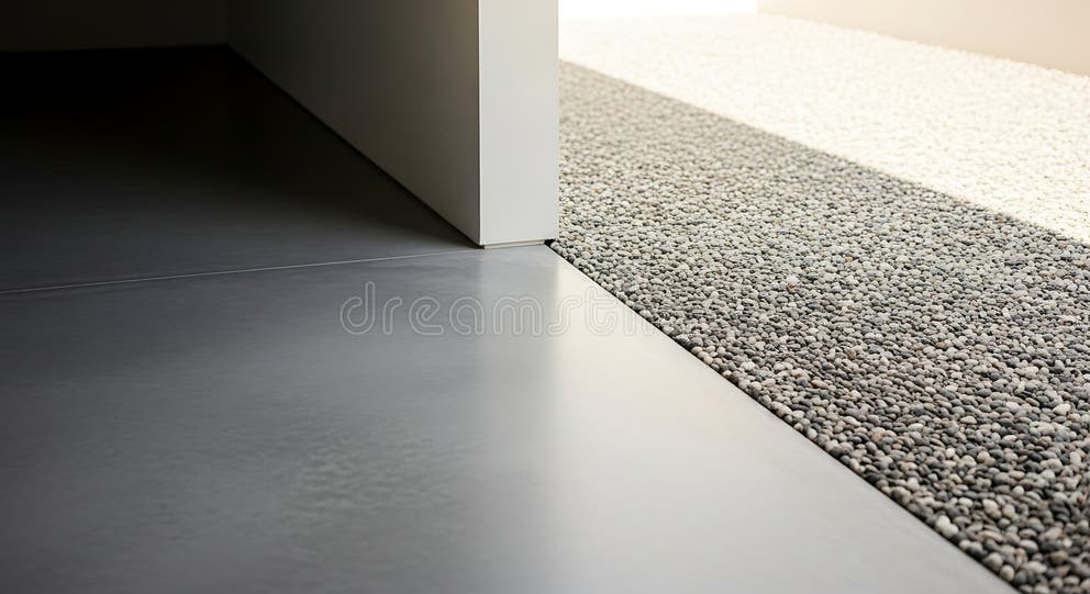 Modern Interior Transition: Smooth Tile To Textured Pebble Floor Stock ...