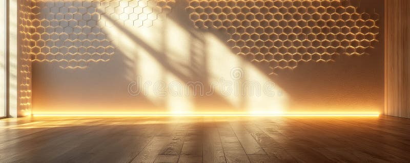 Modern Interior with Translucent Hexagonal Mesh and Warm Sunlit Wooden ...