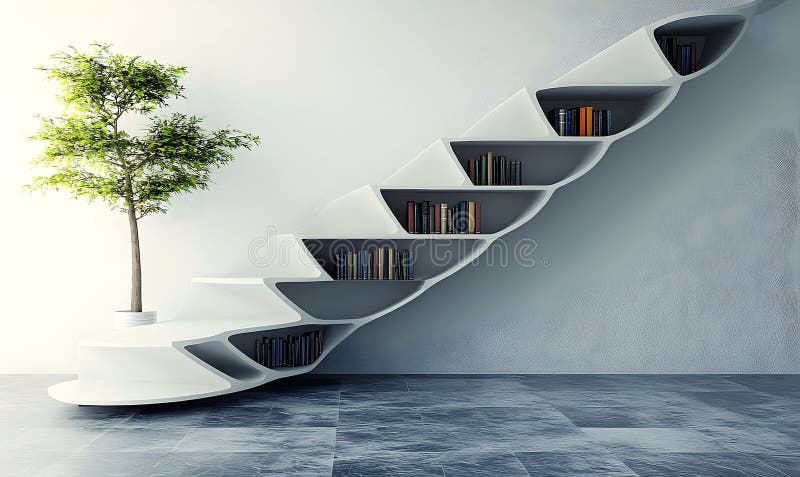 Modern AI-Generated Bookcase Staircase Stock Illustration ...