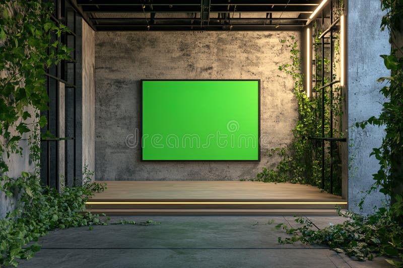 Modern Interior with Vines, Concrete Walls, and Platform with Green ...