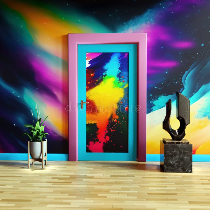 Modern Interior Wall with Door in Abstract Splash Colors Stock ...