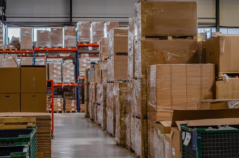 Modern Interior of the Warehouse of Finished Products. Cardboard Boxes ...