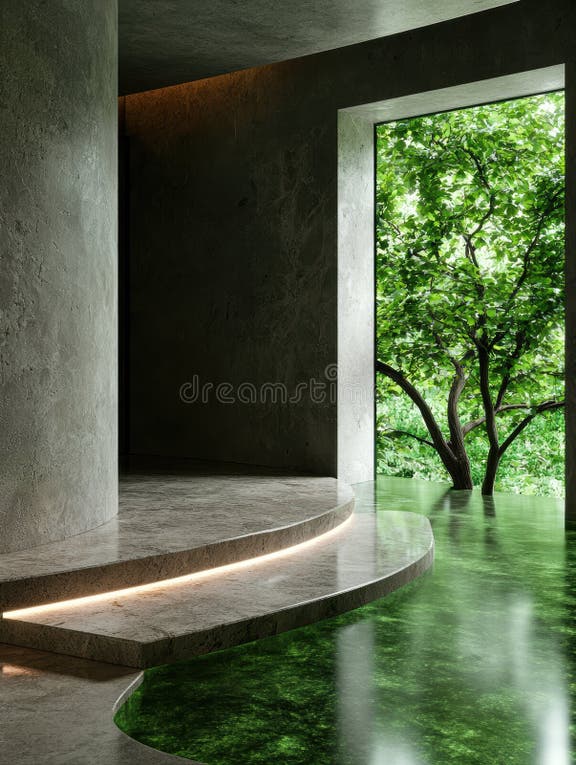 Modern Interior with Water Feature and Tree View. Stock Illustration ...