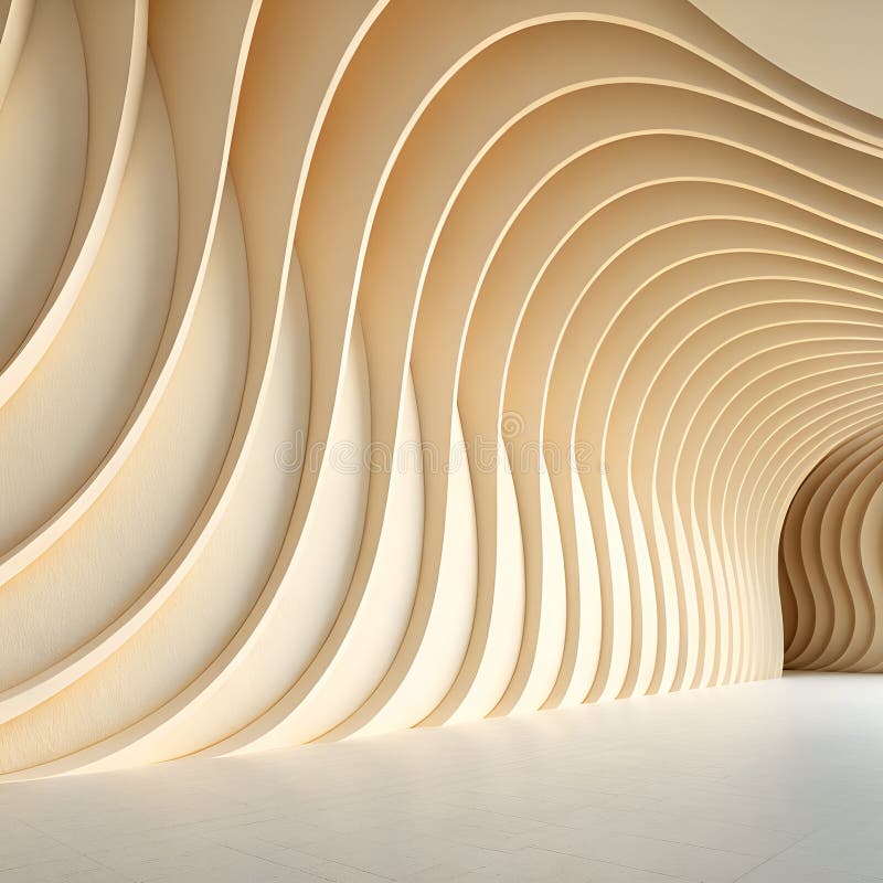 Modern Interior with Wavy Beige Wall Design in a Spacious Gallery Stock ...