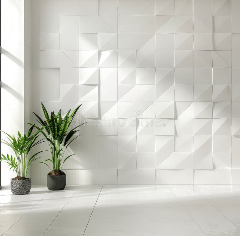 Modern Interior with White Matte Ceramic Tiles and Potted Plants Stock ...