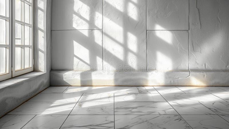 Modern Interior with White Tiled Floor and Sunlit Walls. Stock Image ...