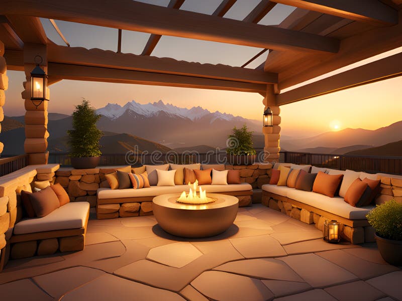 Modern Interior with Wooden Terrace and Sunset View 3d Illustration ...