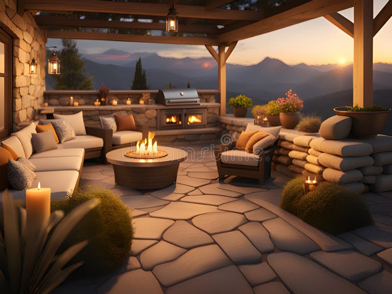 Modern Interior with Wooden Terrace and Sunset View 3d Illustration ...