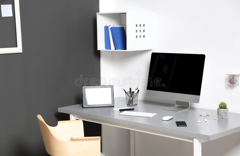 Modern Interior Of Workplace With Computer Stock Photo - Image of ...
