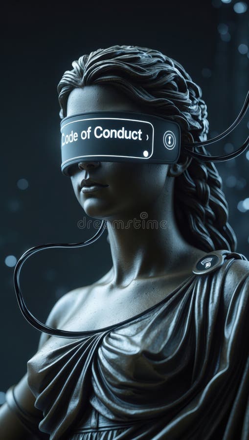 Futuristic Statue of a Woman Wearing a VR Headset with Text "Code of ...