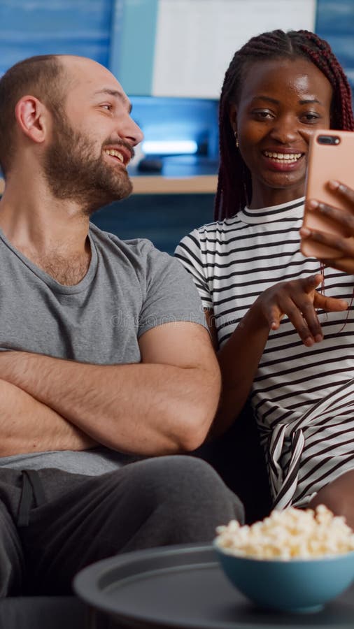 Modern Interracial Couple Talking on Video Call Conference Stock Photo ...