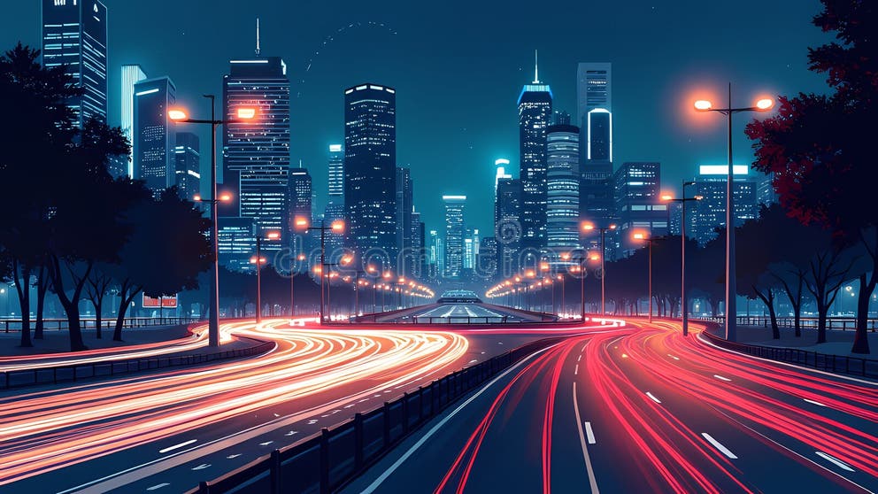 Modern Intersection with Light Trails and Signs Stock Photo - Image of ...