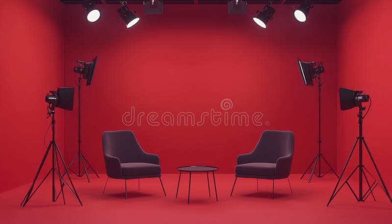 Modern Interview Setup with Two Chairs and Lighting in Red Studio ...