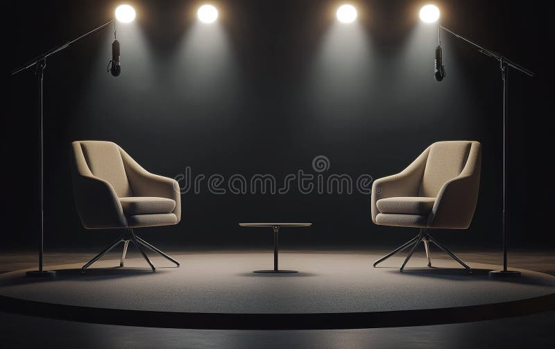 Modern Interview Setup with Two Chairs and Microphones Illuminated by ...