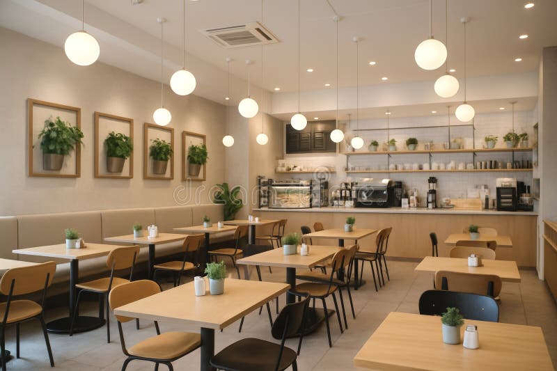 Modern and Inviting Cafe Interior Featuring Soft Lighting and Elegant ...