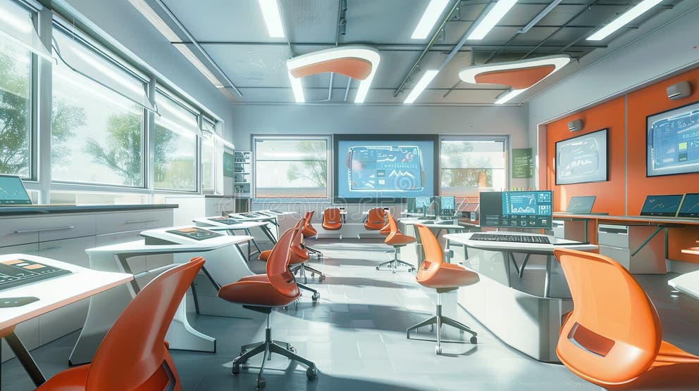 A Modern, Inviting Classroom Equipped with Interactive Panels and AI Assistants, Enhancing the ...
