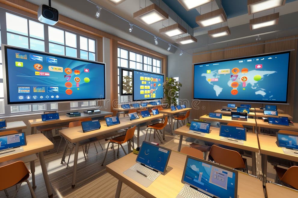 A Modern, Inviting Classroom Featuring Interactive Panels and AI Assistants To Enhance the ...