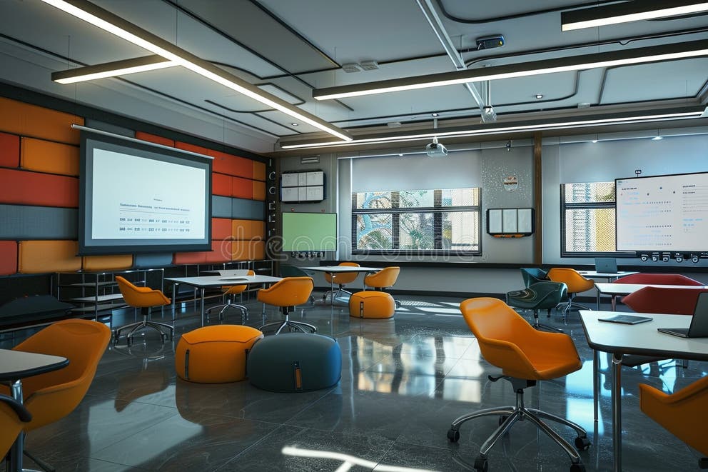 A Modern, Inviting Classroom with Interactive Panels and AI Assistants, Designed To Enhance the ...