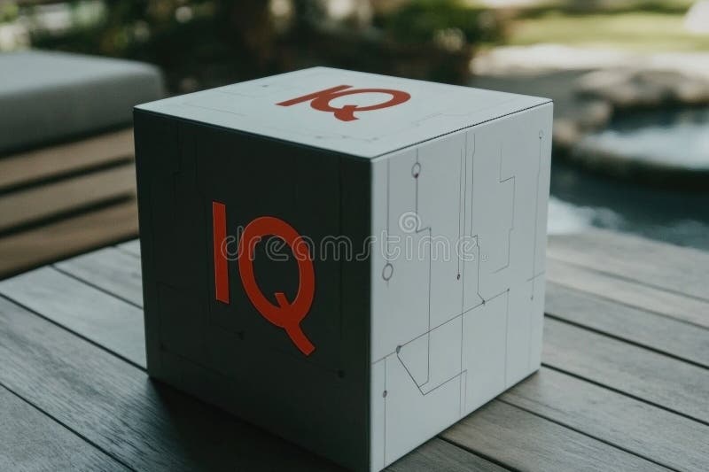 Modern IQ Test Cube on Wooden Table Outdoors with Soft Lighting Stock ...