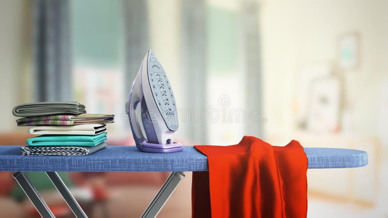 Modern Iron on the Ironing Board Near the Ironed Things in the Stack 3d ...