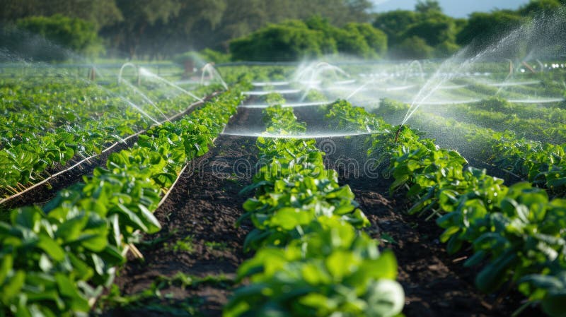 A Modern Irrigation System Spraying Water Over Rows Stock Illustration ...