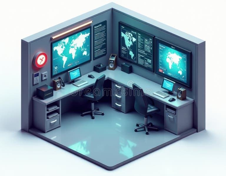 Modern Isometric Control Room with World Map Displays and Computer ...