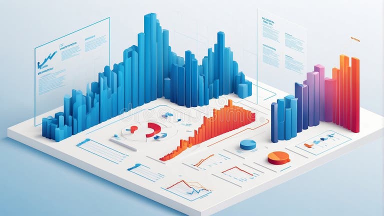 Isometric 3D Data Analytics Dashboard with Colorful Bar Charts and Business Intelligence ...