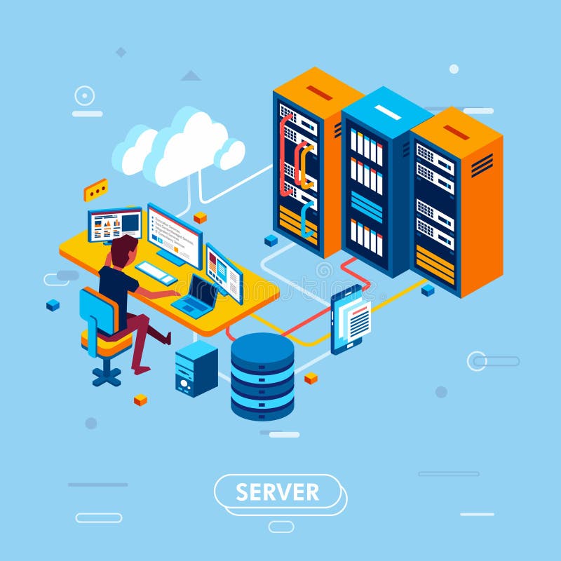 Modern Isometric Design of Cloud Server Management, Man Working in Data Center Room Managing ...