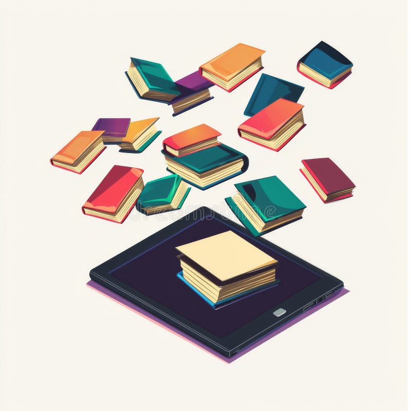 Modern Isometric Illustration of Stack of Paper Books Inside of Digital ...