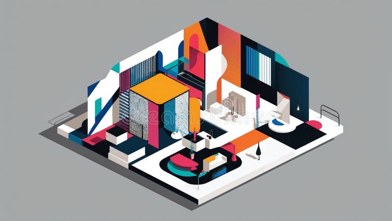 Modern Isometric Interior Design with Abstract Geometric Elements Stock ...
