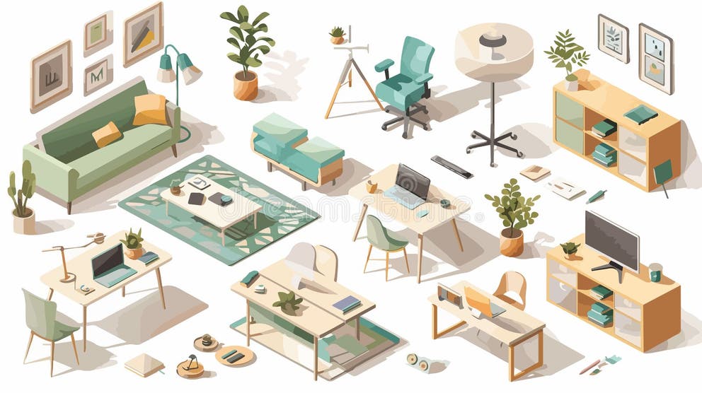 Modern Isometric Interior Design of Home Office Working Room with 3D ...
