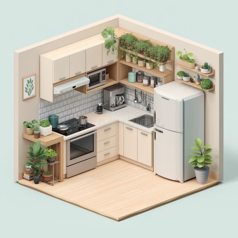 Modern Isometric Kitchen Scene, Clean Design with Open Fridge, Utensils ...