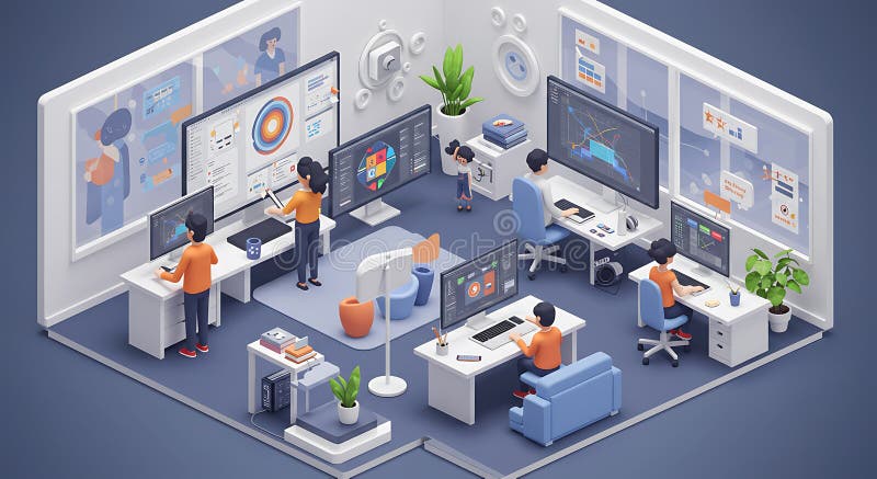 Modern Isometric Studio: Collaborative Designers at Work Stock ...