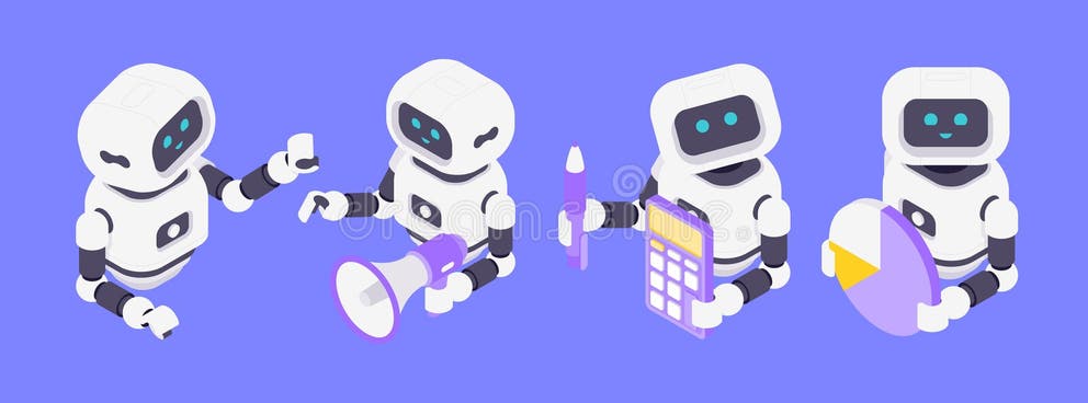 Modern Isometric Vector Illustration AI Robots Communicating Processing Speech Analyzing Data ...