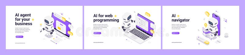 Modern Isometric Web Banner with Artificial Intelligence Robot for Business Programming and ...