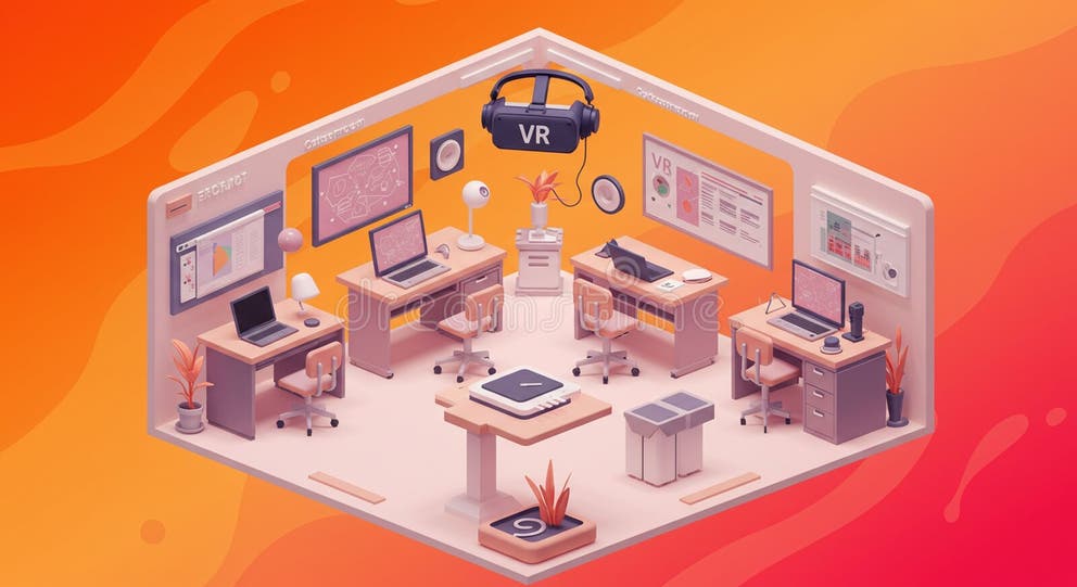 Modern Isometric Workspace Featuring Multiple Desks with Computers and ...