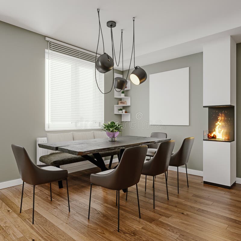 Modern Italian Design Dining Room with Small Fireplace and Empty ...