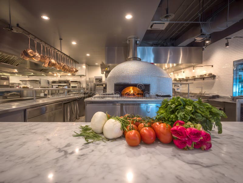 Italian Restaurant Kitchen with Wood-Fired Pizza Oven Stock ...