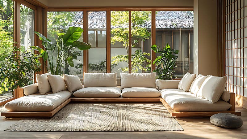 Modern Japandi Living Room with Low Profile Seating and Soft Cushions ...