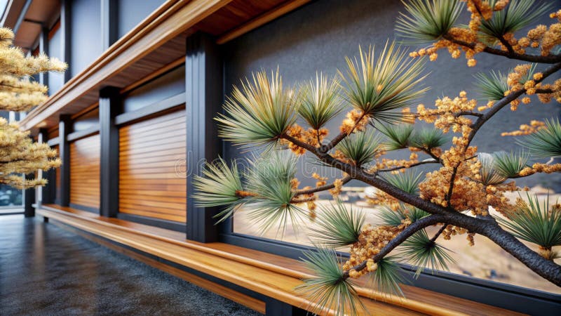 Modern Japanese Architecture with a Wooden Bench and a Pine Tree Stock ...
