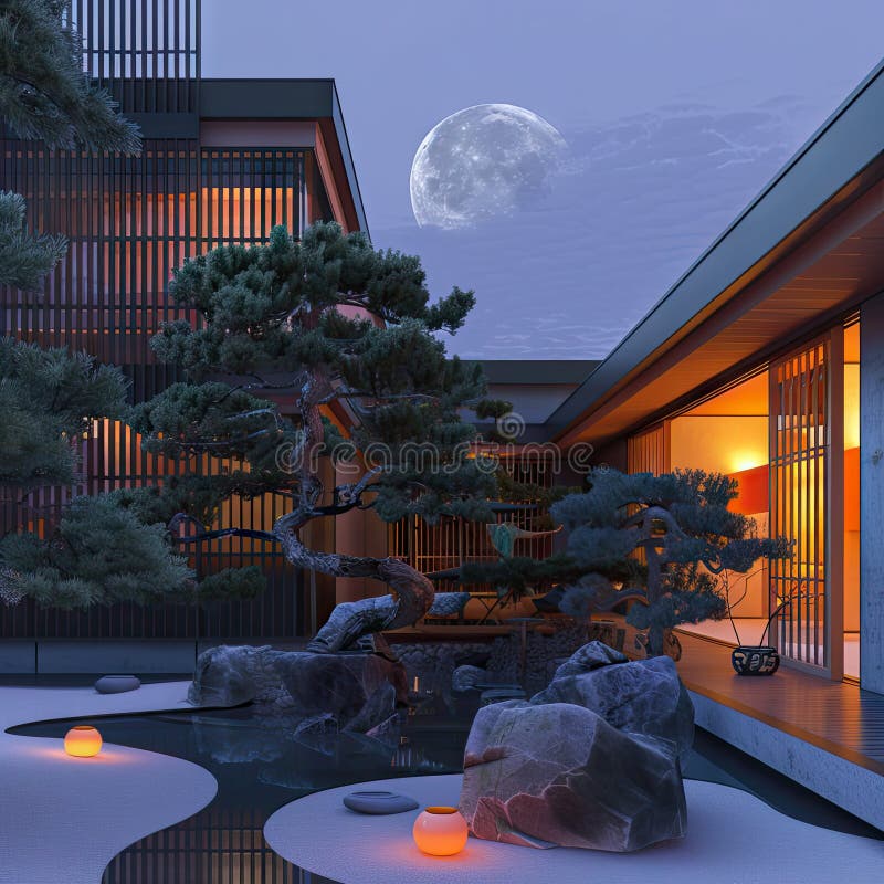 Modern Japanese Courtyard, Modern Building, Big Moon, Lanterns Stock ...