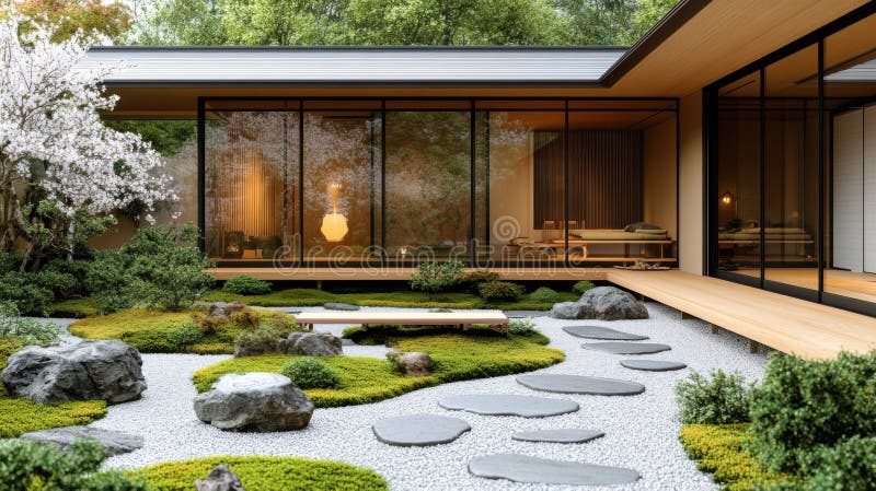 Modern Japanese Garden Design with Minimalist Architecture and Cherry ...