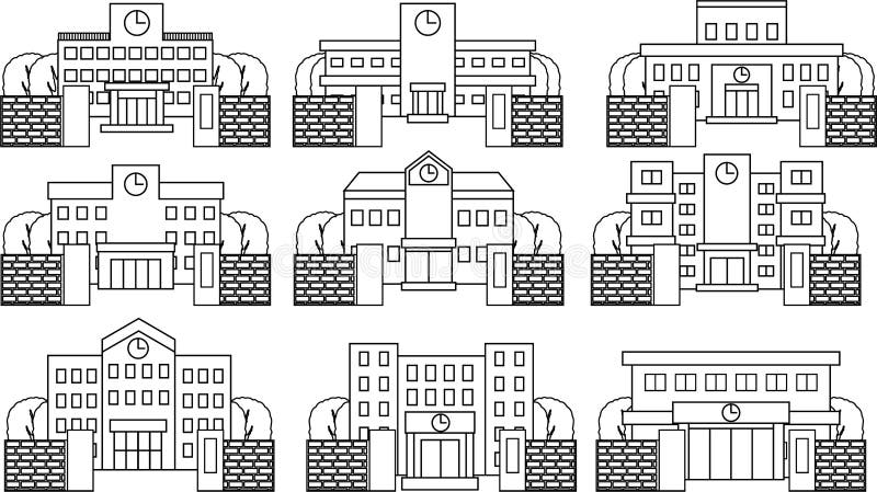 Modern Japanese Public School Building With Gate And Trees Outline Set