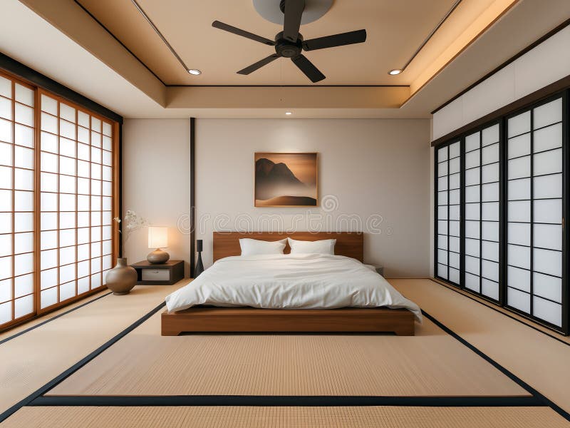 Modern Japanese Style Bedroom with Tatami Mat Stock Image - Image of ...
