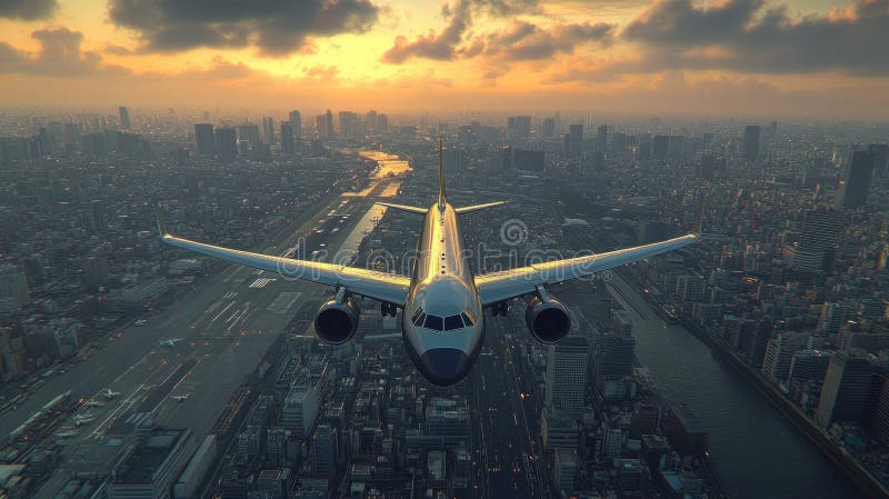 Modern Jet Plane Taking Off Over City Skyline Stock Illustration ...